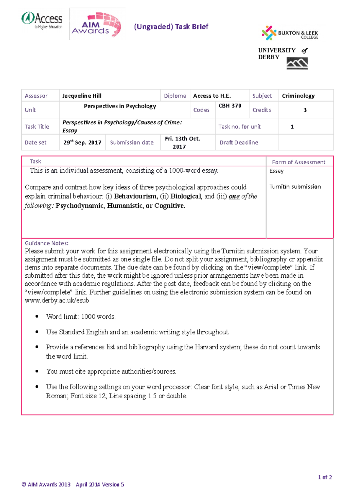 2017-18 AC Ass. 1 Perspectives in Psychology - (Ungraded) Task Brief ...