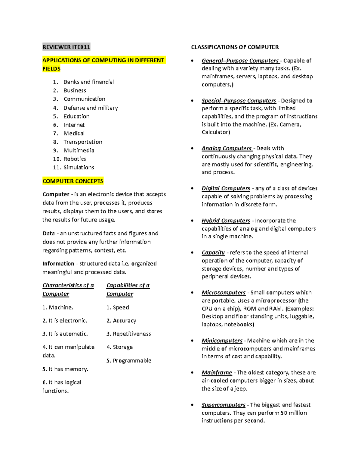 Reviewer Intro to COMPUTING - REVIEWER ITE APPLICATIONS OF COMPUTING IN DIFFERENT FIELDS Banks ...