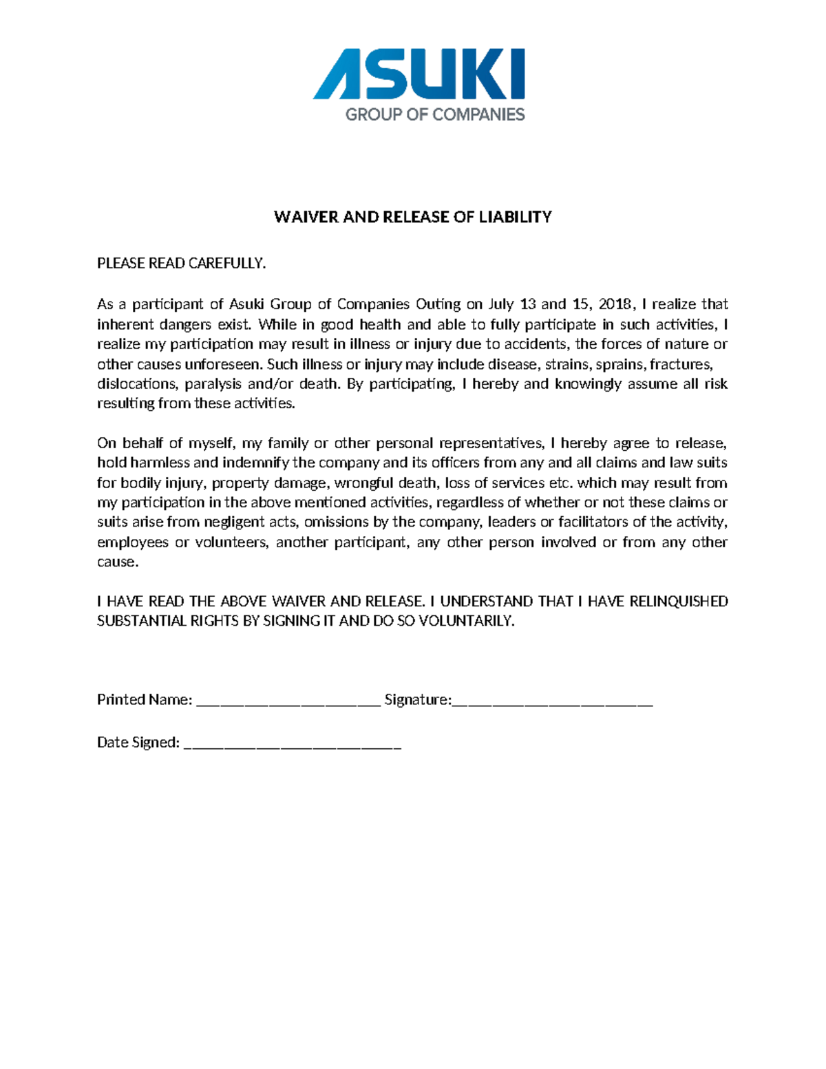 Accident Waiver and Release of Liability - WAIVER AND RELEASE OF ...