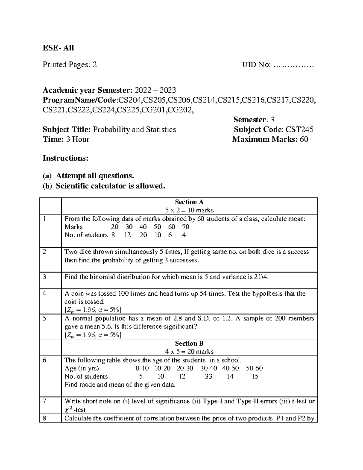Mock Test Paper Probability and Statistics(21CST-245) - ESE- All ...