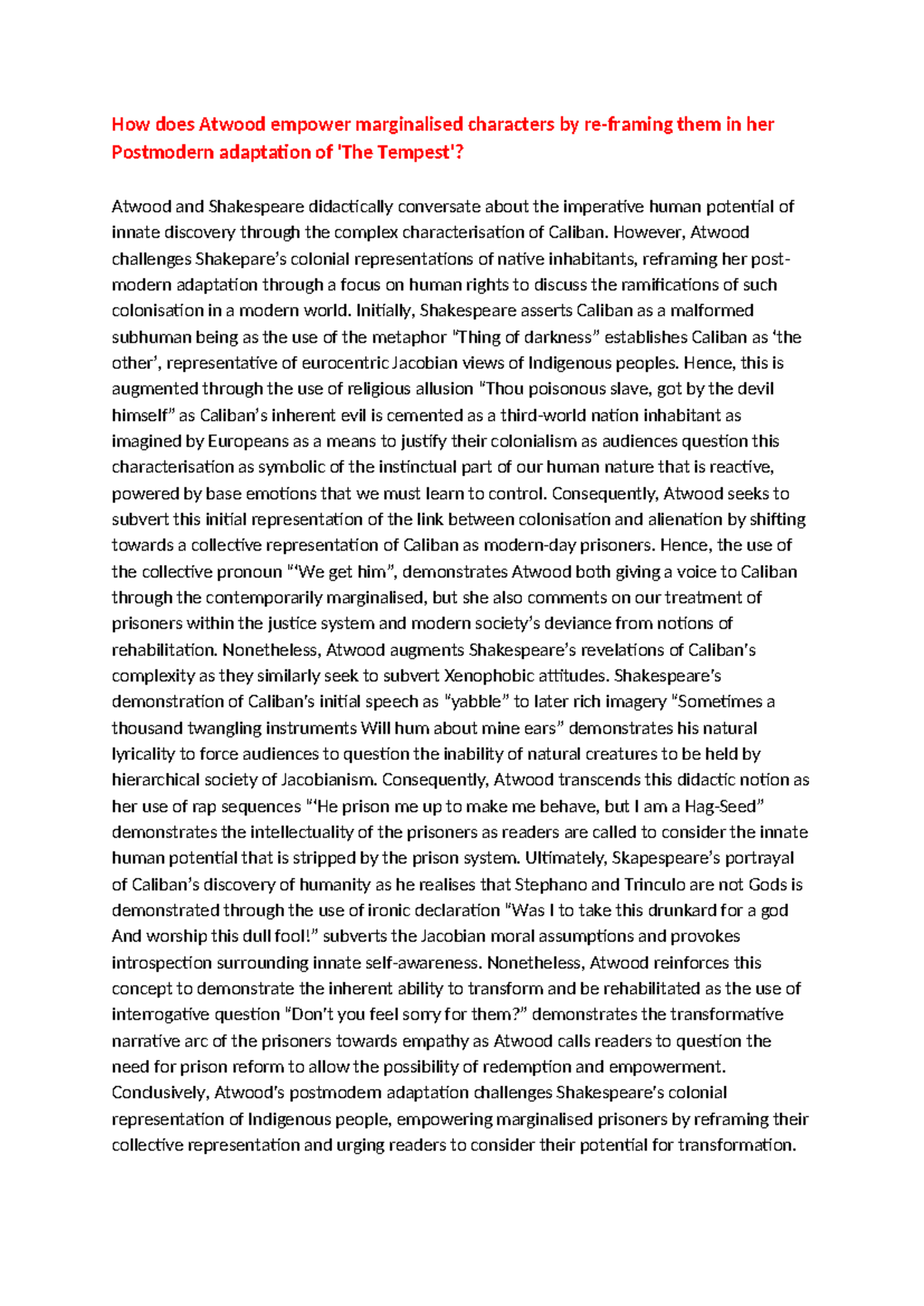 Charli Broadhurst - DUE Friday - Caliban RE- Frame - How does Atwood ...