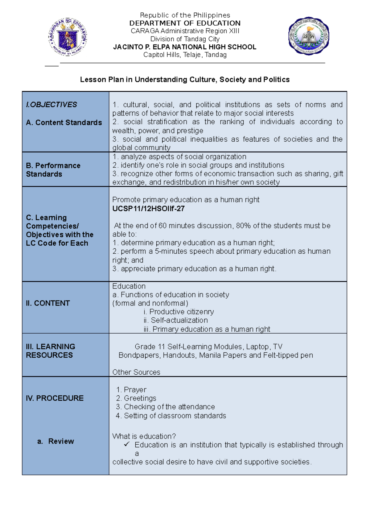 UCSP Lesson Plan 1st week - DEPARTMENT OF EDUCATION CARAGA ...