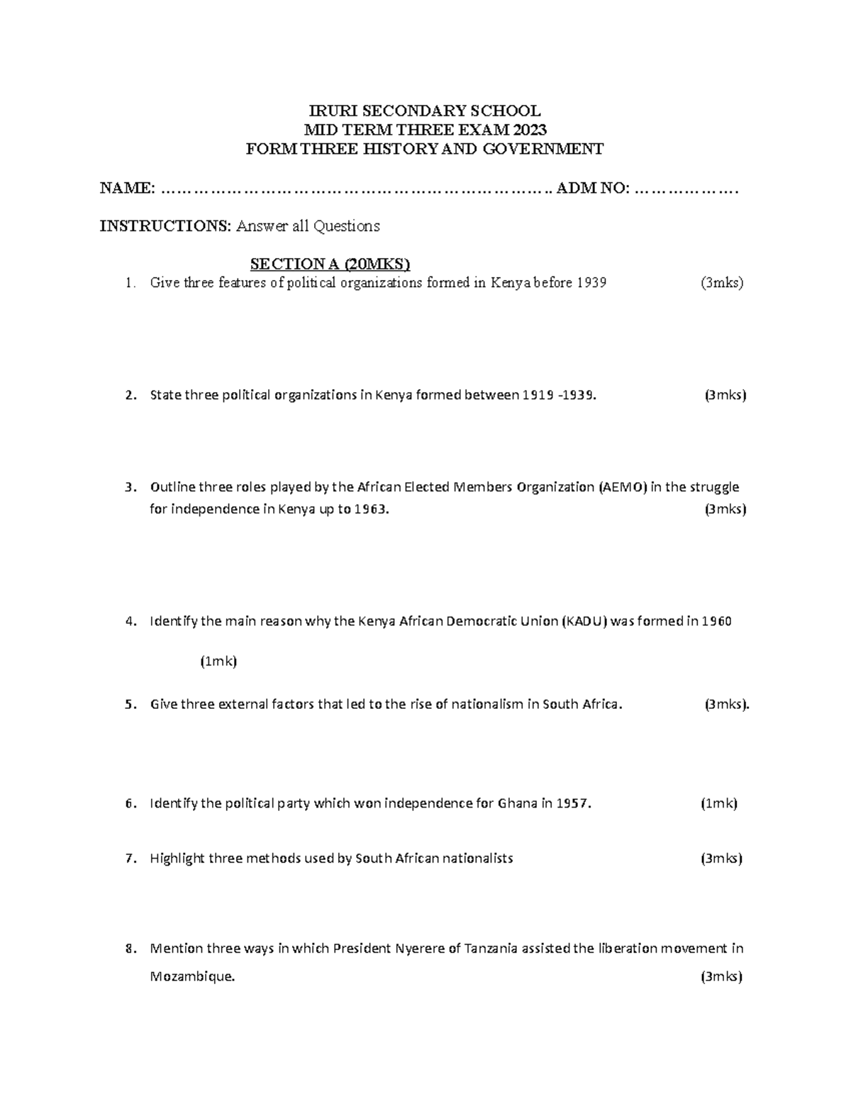 History Form Three Mid Term 2023 Questions - IRURI SECONDARY SCHOOL MID ...