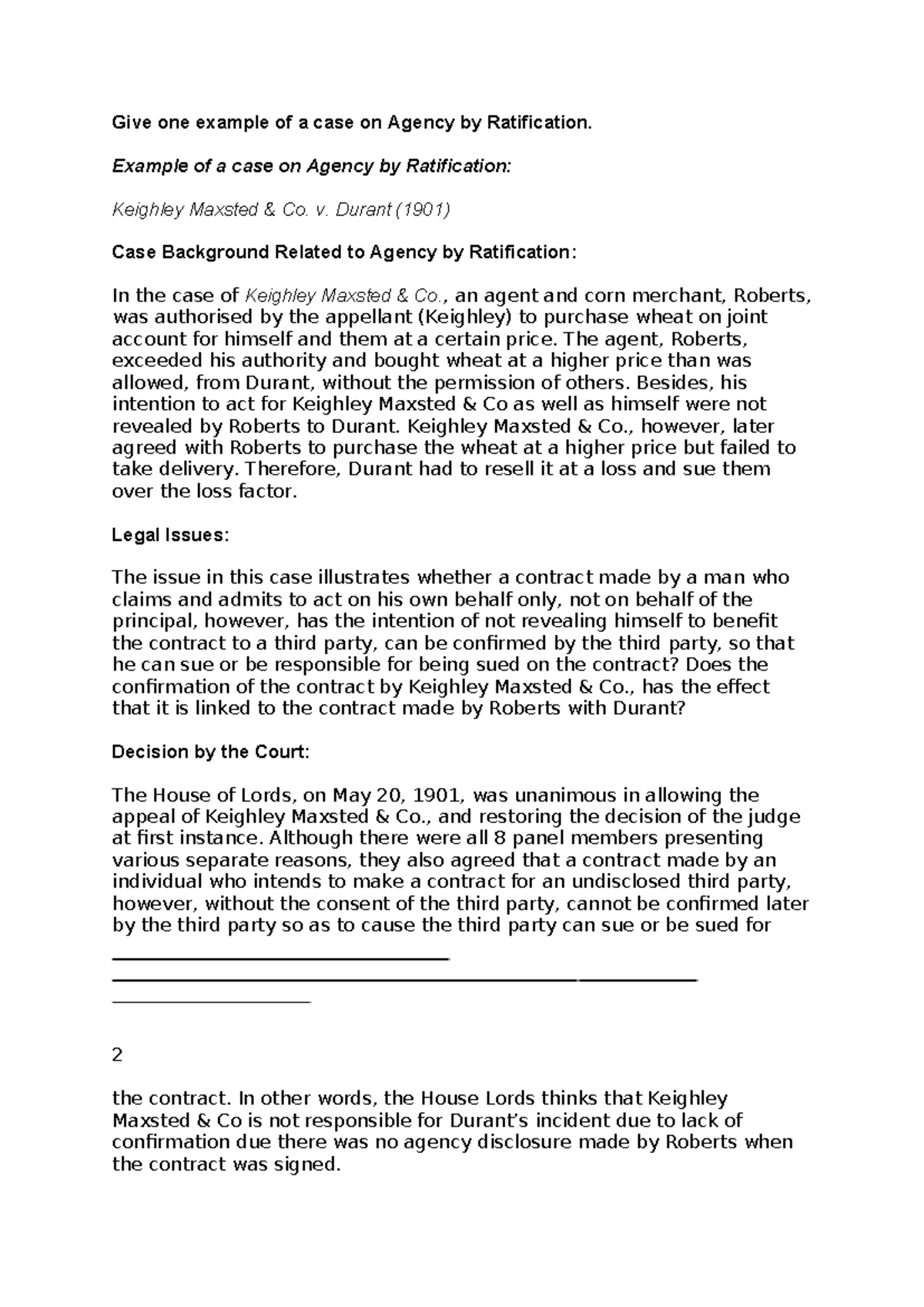 Example of a case on Agency by Ratification - Example of a case on ...