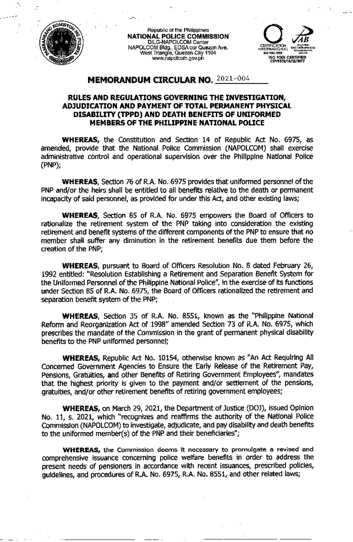 2021 004 MC - It gives an overview of NAPOLCOM MC 2021-004 - KOMISYON NG Republic of the ...