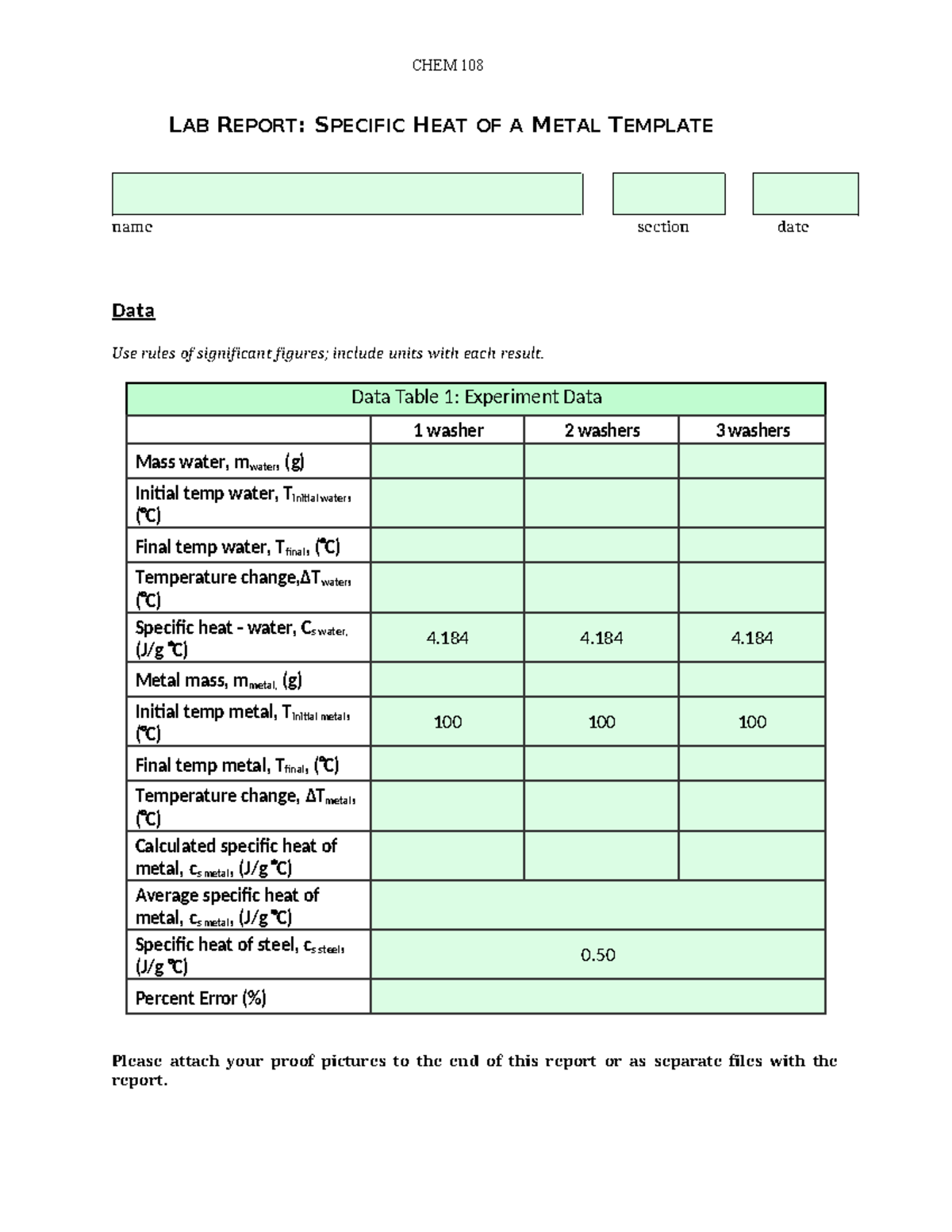 Lab Report Specific Heat of a Metal Template - CHEM 108 LAB REPORT ...
