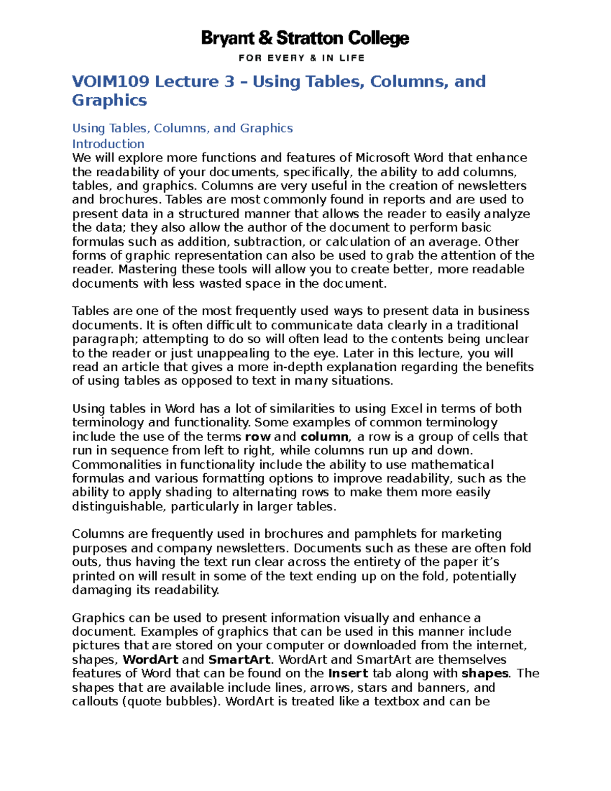 VOIM109 - Lecture 3 - Using Tables, Columns, and Graphics - VOIM109 Lecture 3 – Using Tables ...