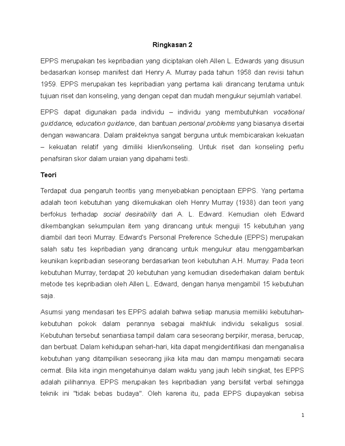 Ringkasan 2 - Ringkasan 2 EPPS merupakan tes kepribadian yang ...