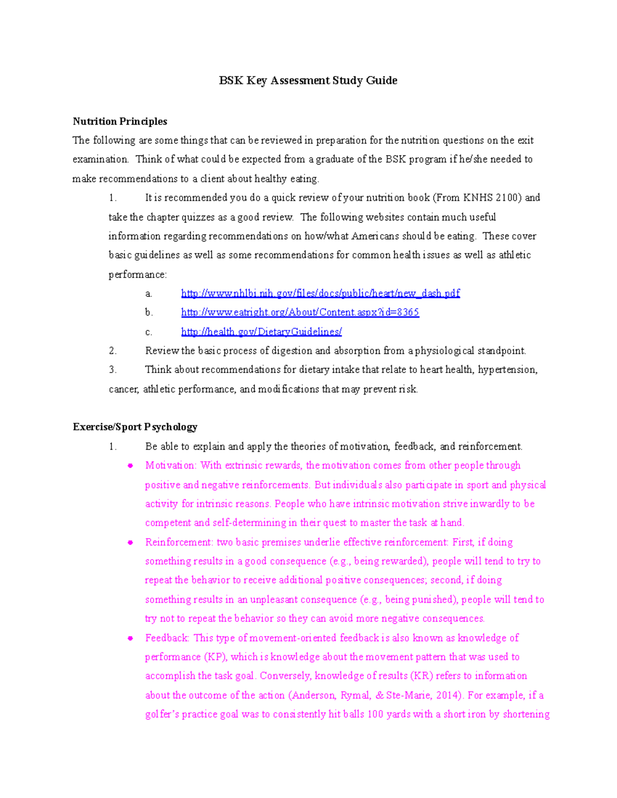 Exit Exam Study Guide - BSK Key Assessment Study Guide Nutrition ...
