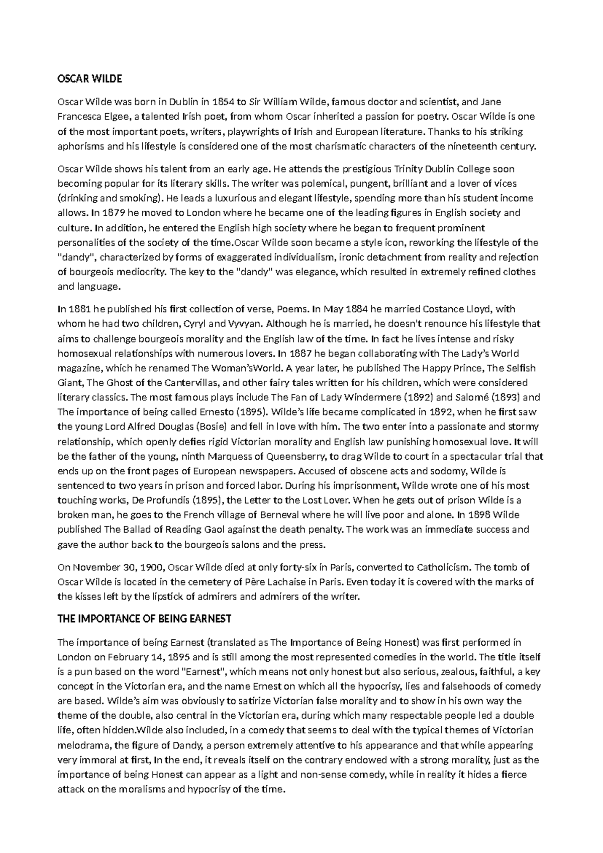 Oscar Wilde - OSCAR WILDE Oscar Wilde was born in Dublin in 1854 to Sir ...