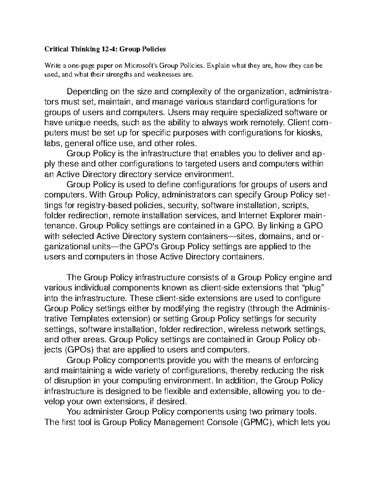 Critical Thinking Assignment 12-4 - Critical Thinking 12-4: Group ...