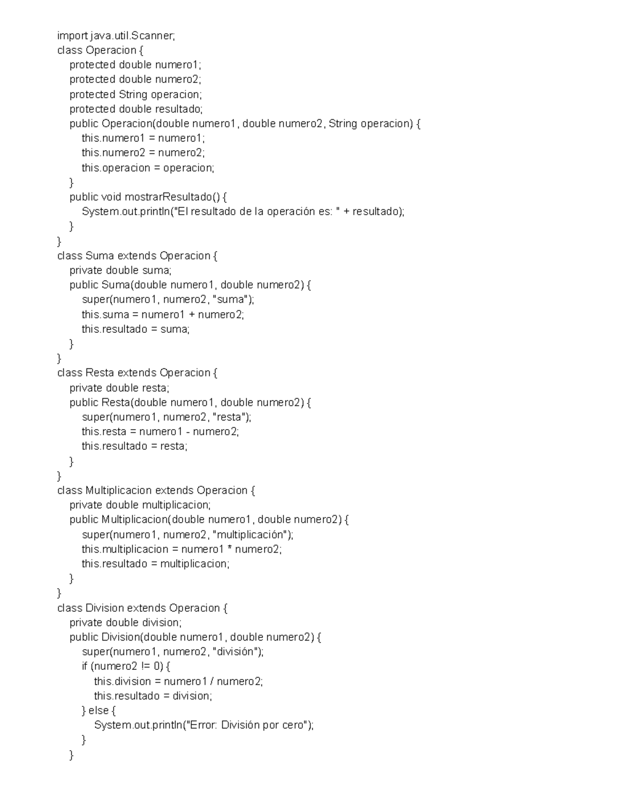 Calculadora en java codigo - import java.util; class Operacion ...