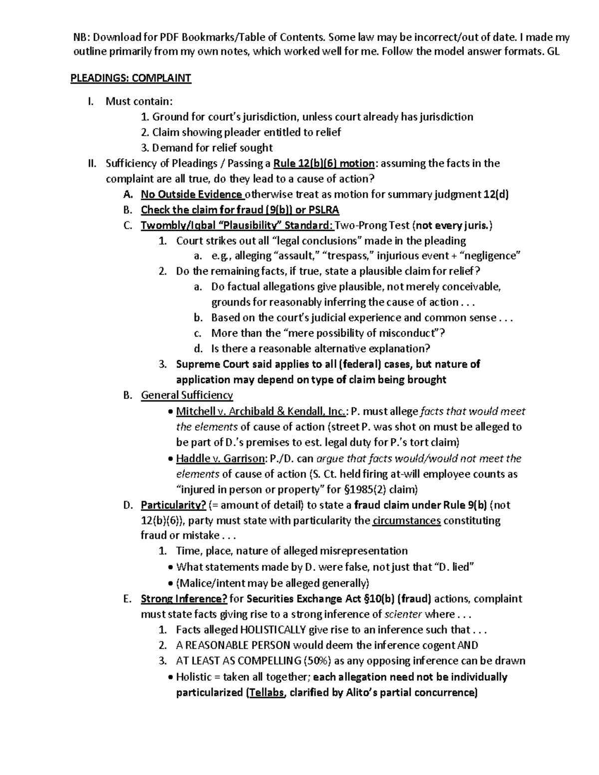 Civil Procedure Outline - PLEADINGS: COMPLAINT I. Must contain: 1 ...