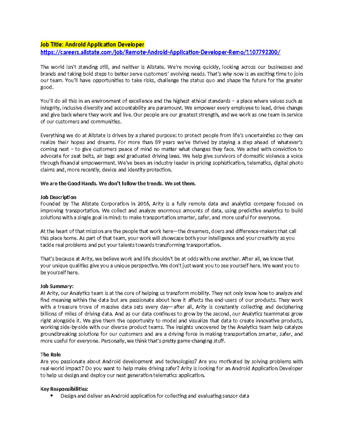 Job Title - Android Application Developer - Job Title: Android ...