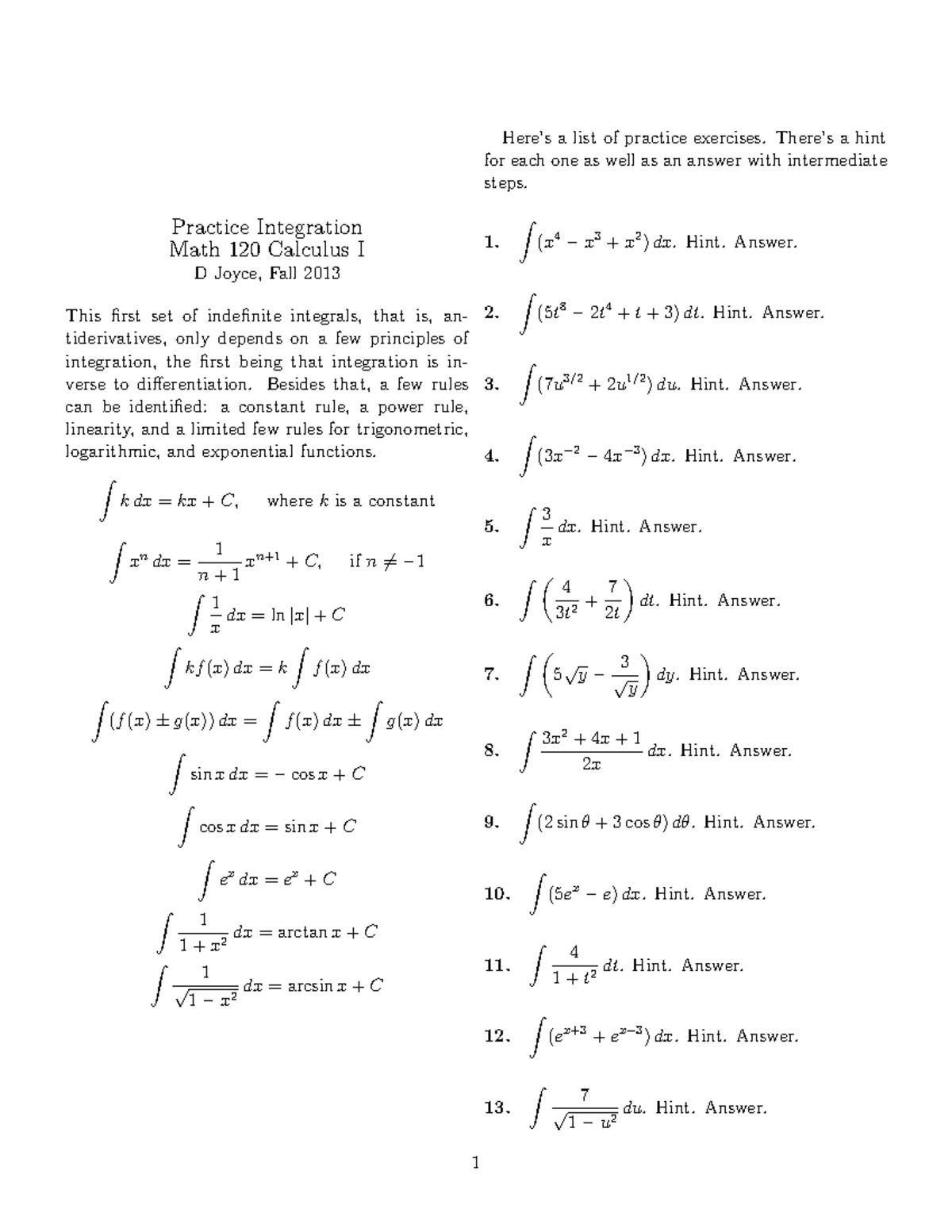 Integral Practice Questions-1 - Practice Integration Math 120 Calculus ...