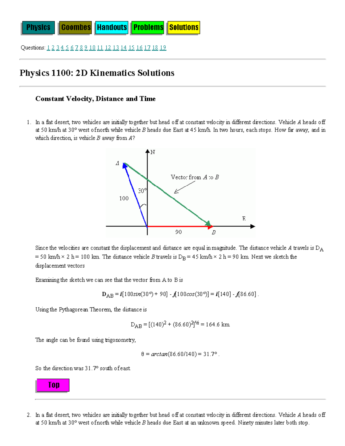 PHYS 1100 2D Kinematics Solutions - Questions: 1 2 3 4 5 6 7 8 9 10 11 ...