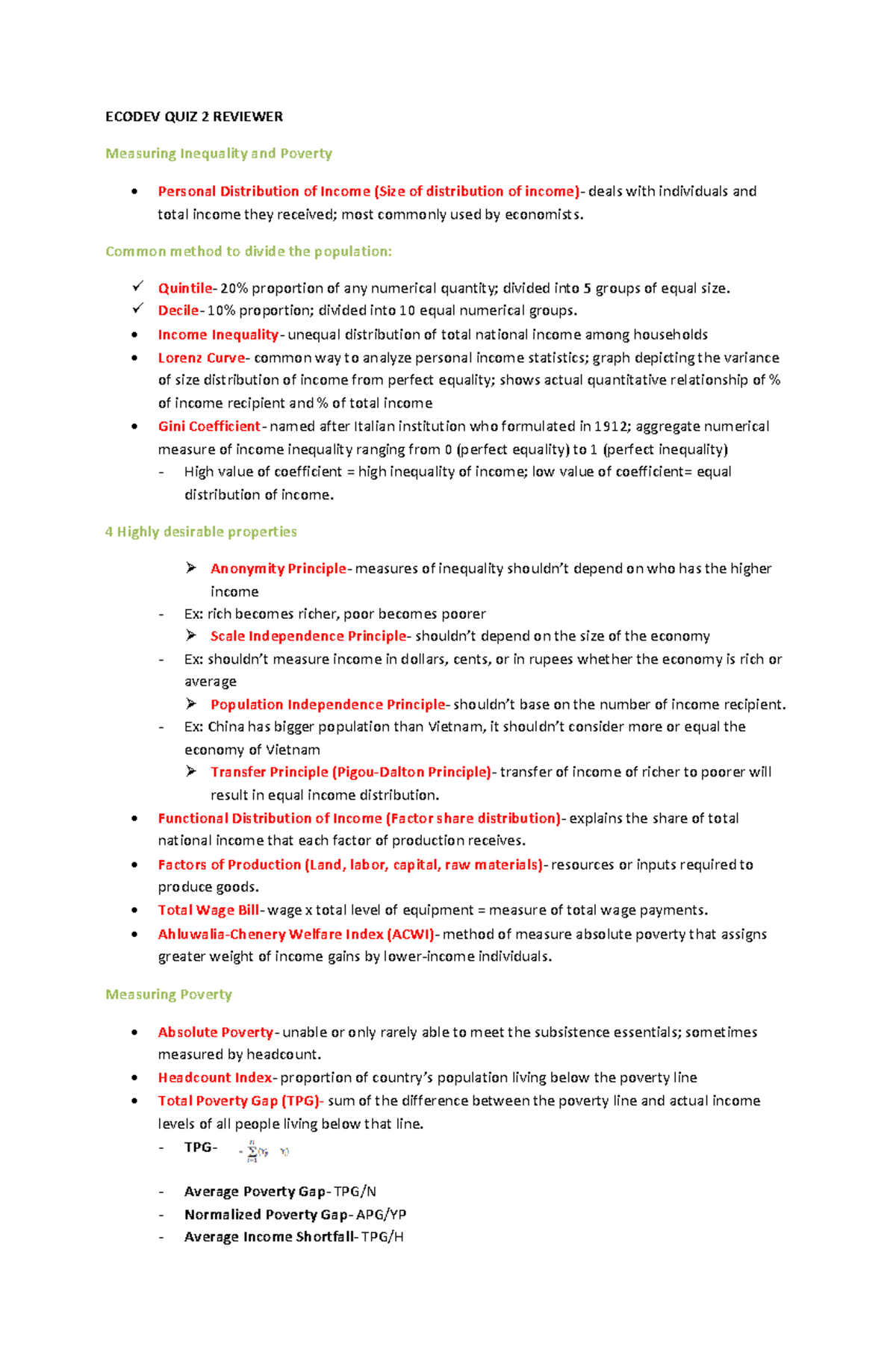 Ecodev- Reviewer - For school purposes only. - ECODEV QUIZ 2 REVIEWER Measuring Inequality and ...