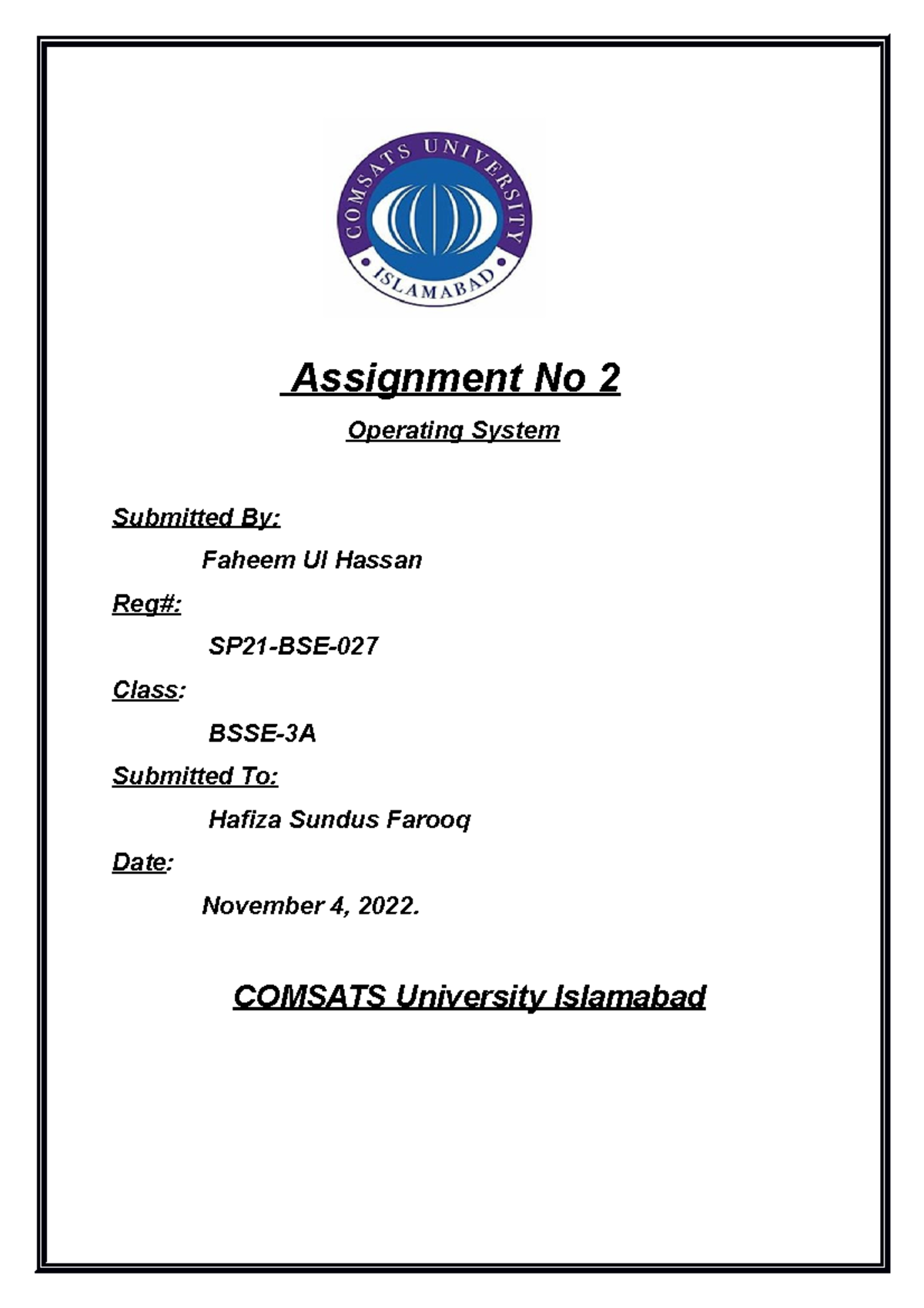 Assignment No 2 - COMSATS University Islamabad Question Search and ...