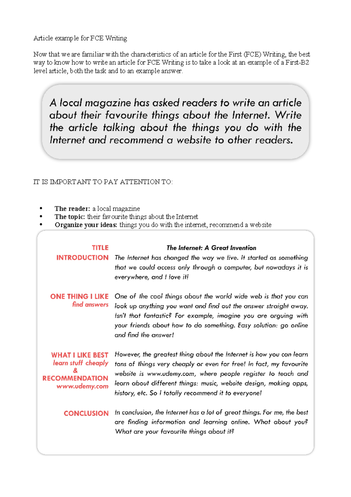 Essay B2 - fffff - Article example for FCE Writing Now that we are ...