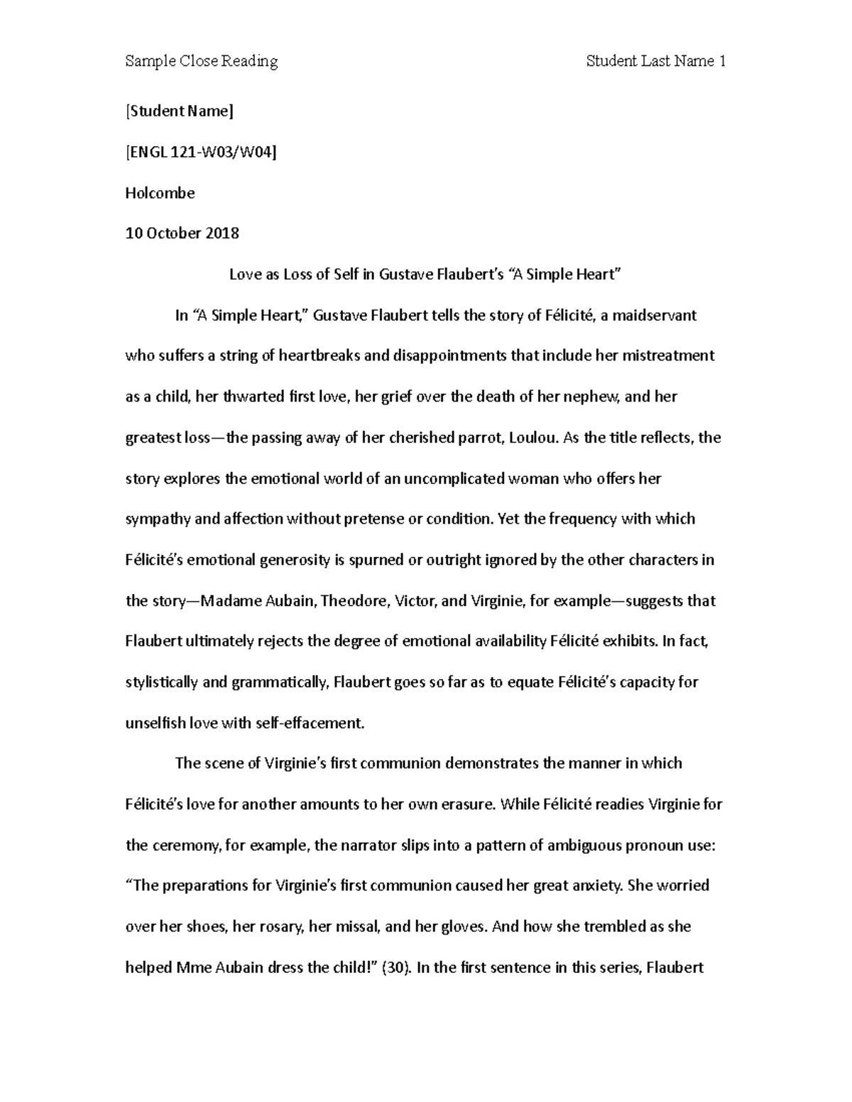 Sample Close Reading - [Student Name] [ENGL 121-W03/W04] Holcombe 10 ...