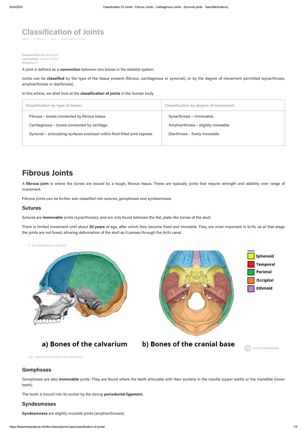 Anatomy MBS 200 - 9/24/2020 Classification Of Joints - Fibrous Joints ...