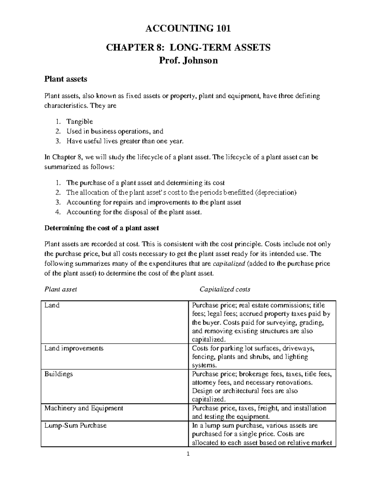 ACCT 101 Chapter 8 Handout - ACCOUNTING 101 CHAPTER 8: LONG-TERM ASSETS Prof. Johnson Plant ...