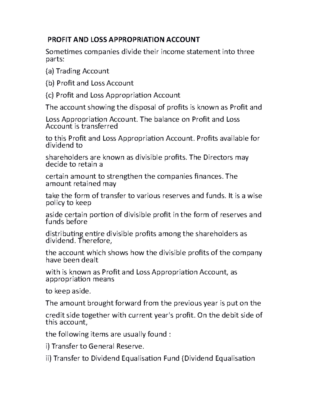 Profit AND LOSS Appropriation Account - PROFIT AND LOSS APPROPRIATION ...