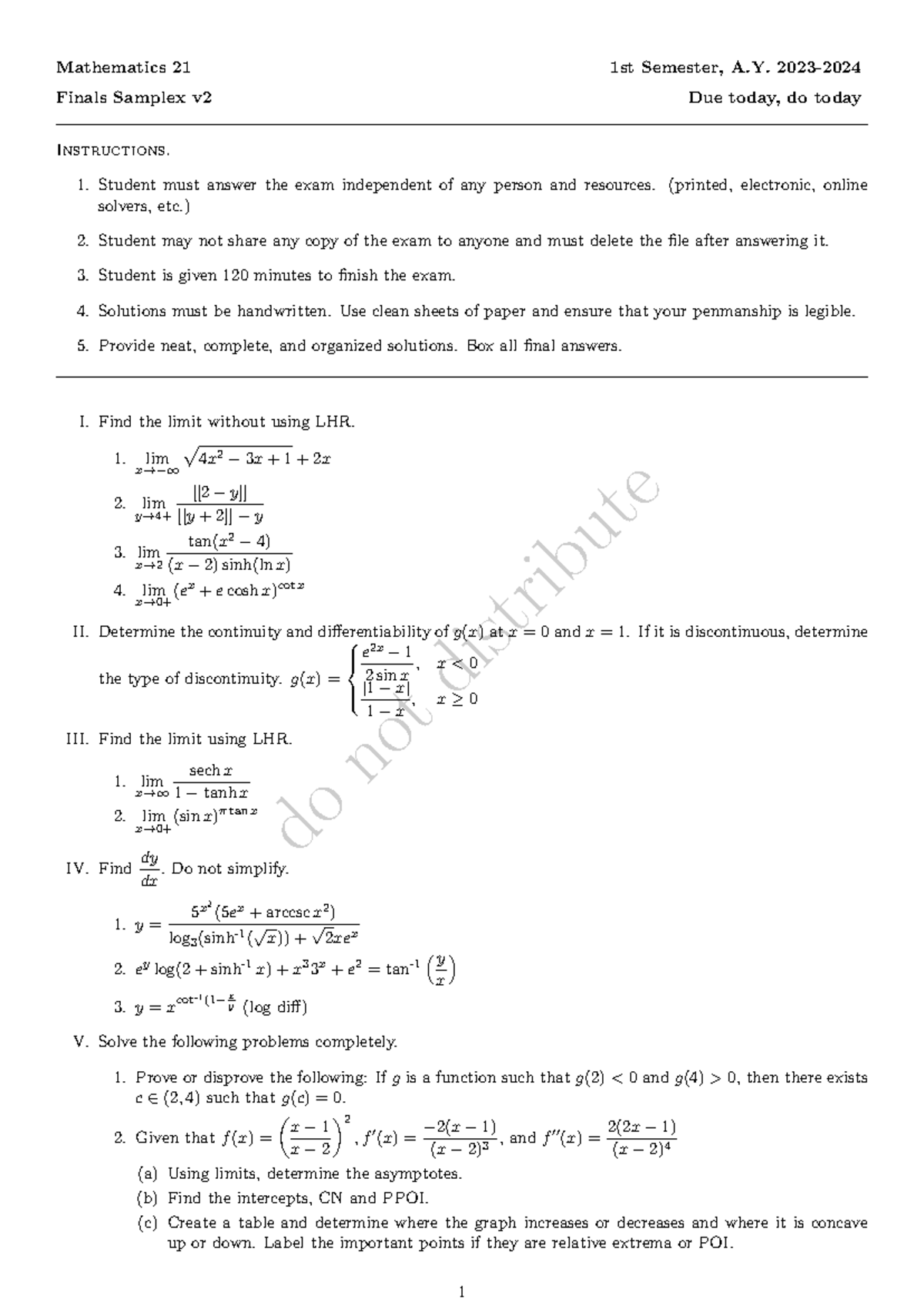 Math 21 Samplex v2andv3 - do not distribute Mathematics 21 1st Semester ...