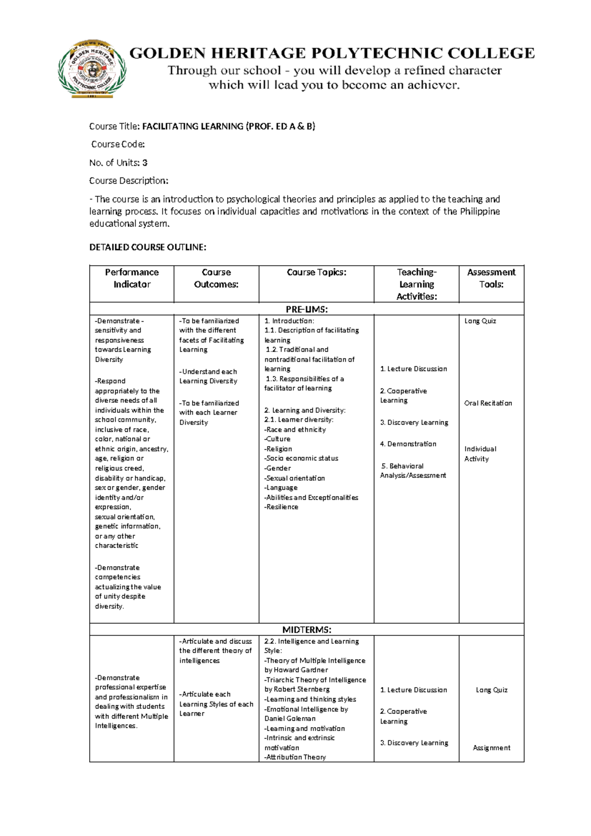 Facilitating Learning - Course Title: FACILITATING LEARNING (PROF. ED A ...
