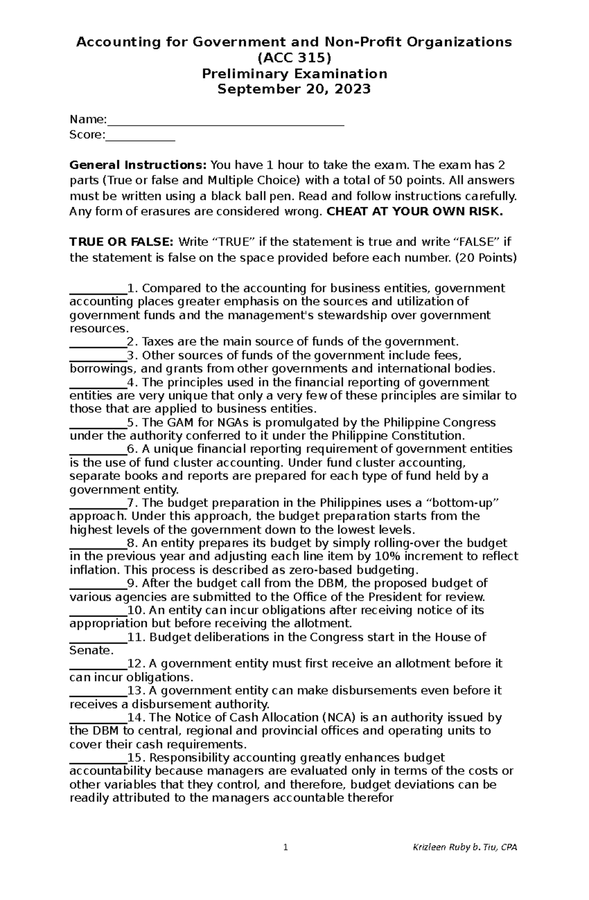 GOV Acctg Prelim - (ACC 315) Preliminary Examination September 20, 2023 ...