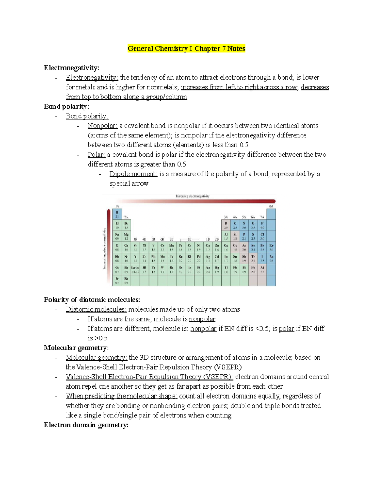 General Chemistry I Chapter 7 Notes - Polar: a covalent bond is polar ...