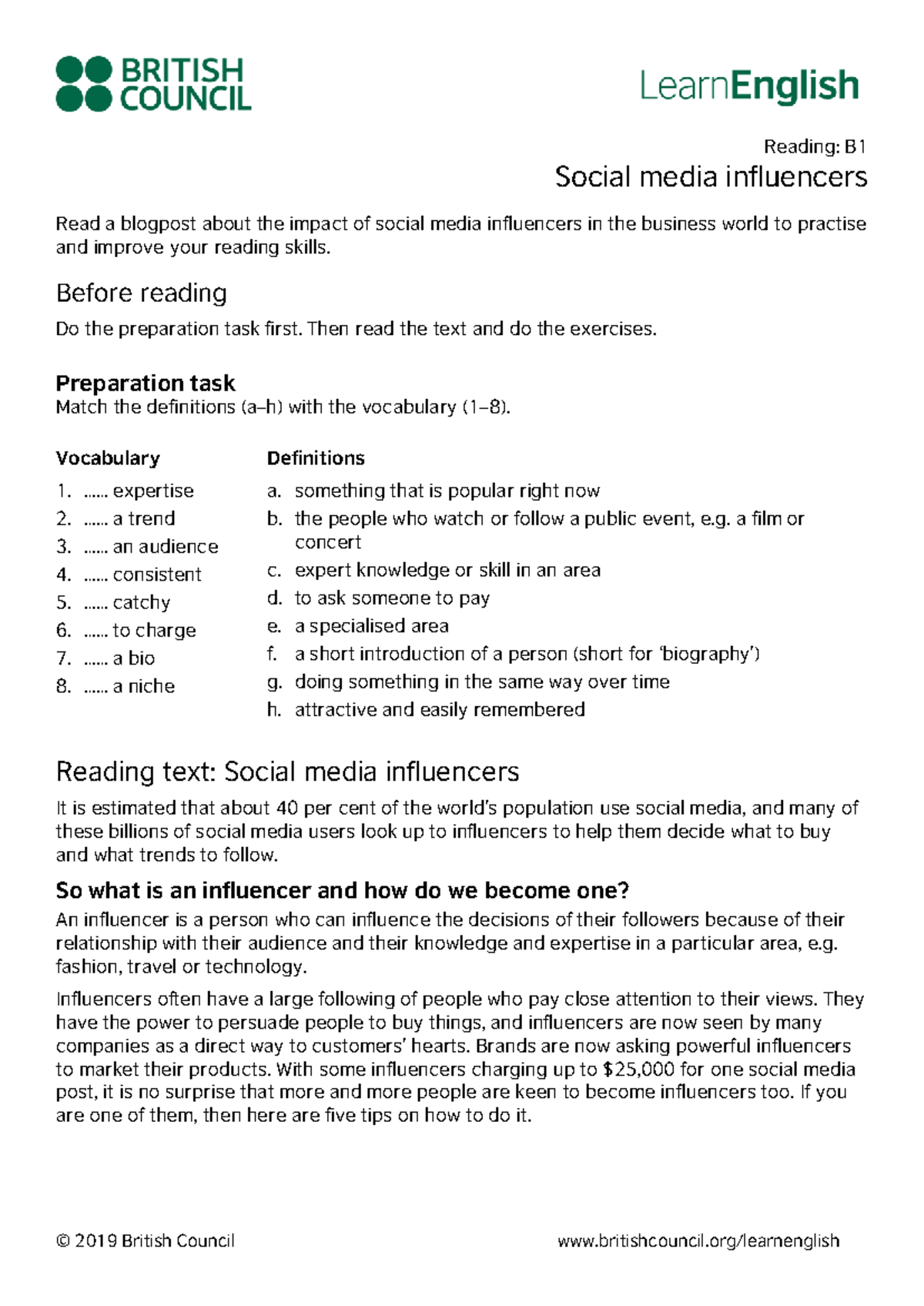 Learn English-Reading-B1-Social-media-influencers - Reading: B Social ...