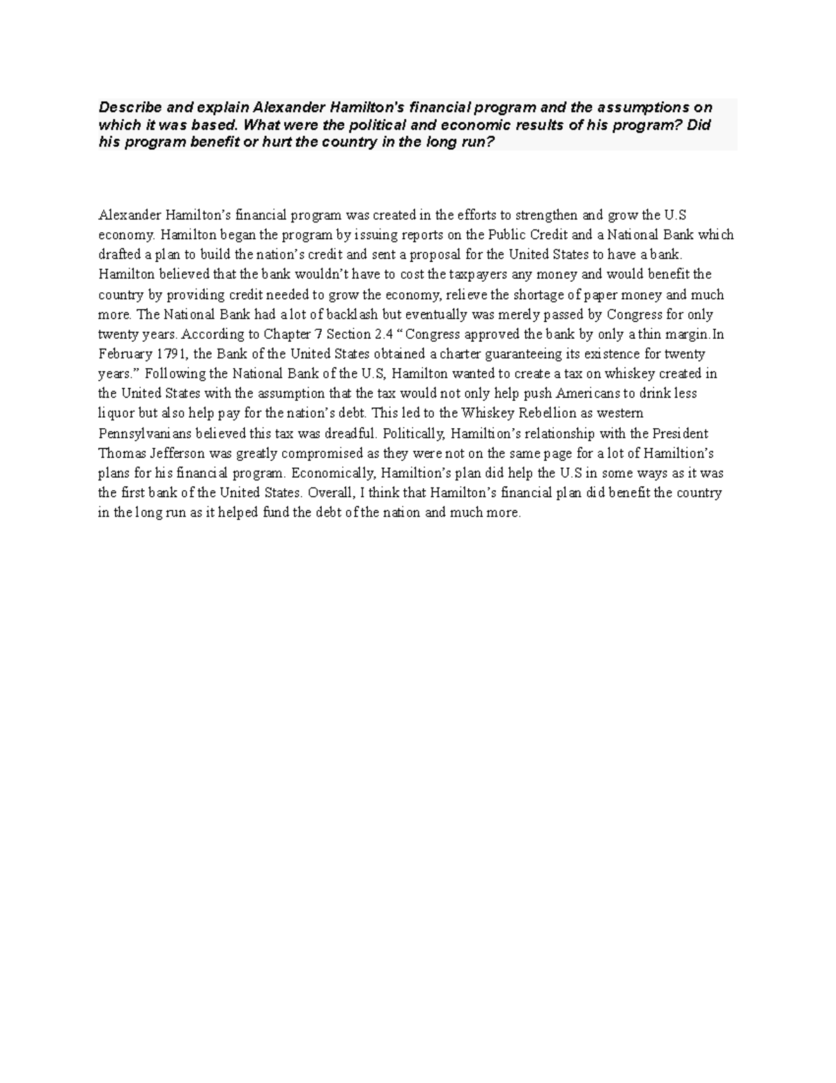 Chapter 7 Discussion - Describe and explain Alexander Hamilton's ...