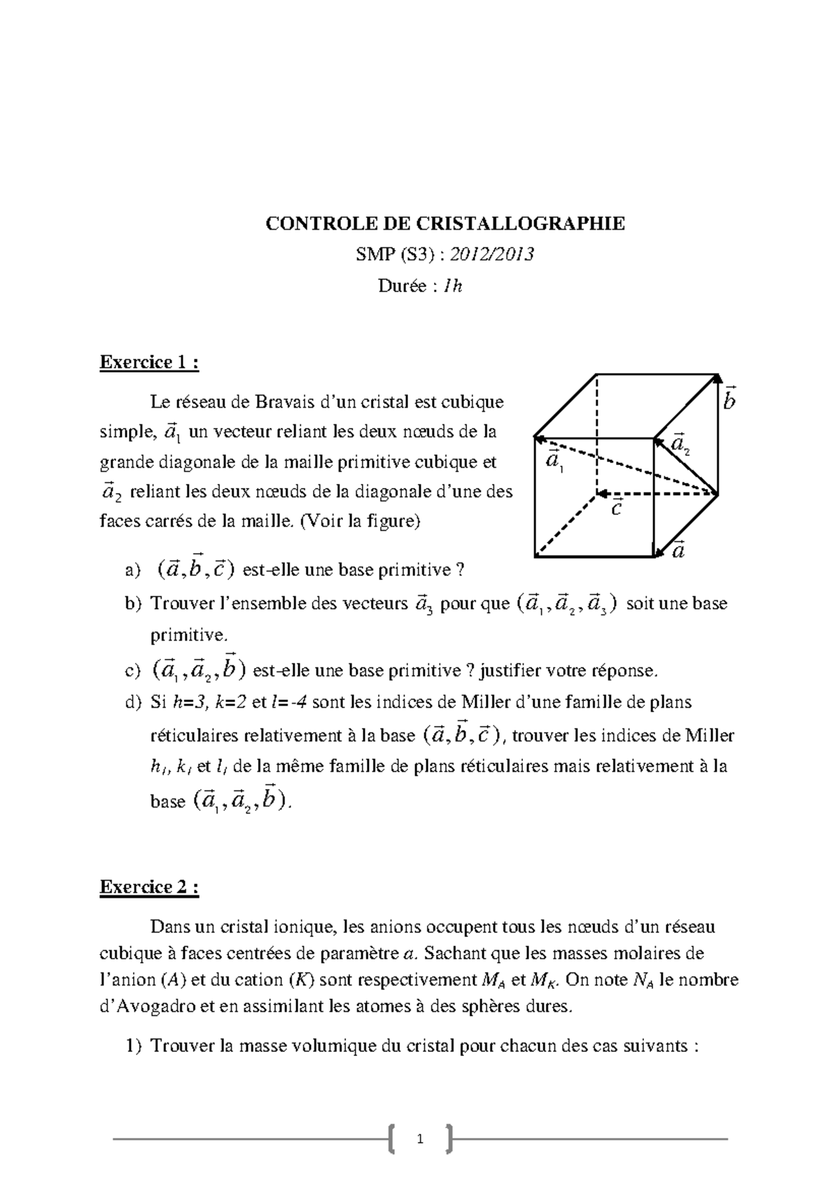 Exercices de Cristallographie géométrique et cristallochimie 1 ...