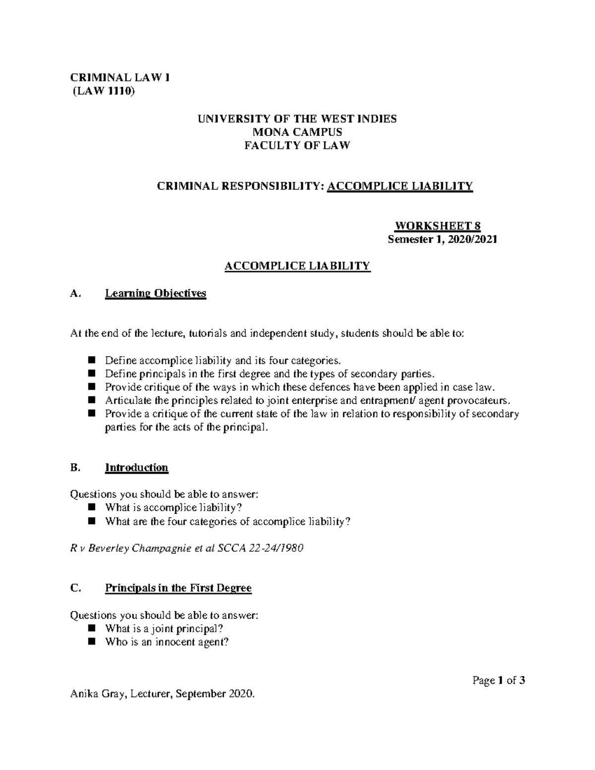 LAW1110 Worksheet 8 2020 - CRIMINAL LAW I (LAW 1110) Page 1 of 3 Anika ...