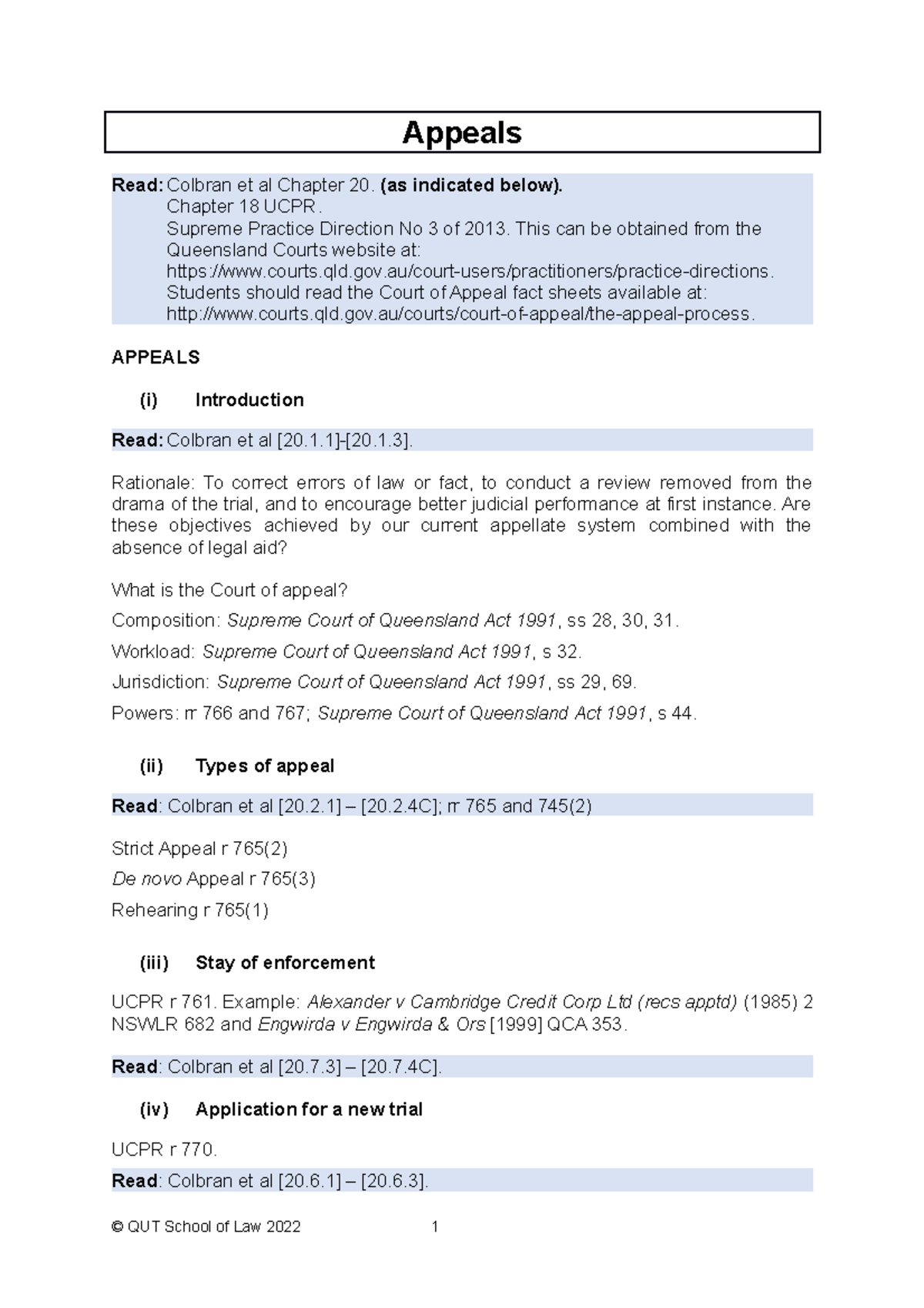 Appeals - Appeals Read: Colbran et al Chapter 20. (as indicated below ...