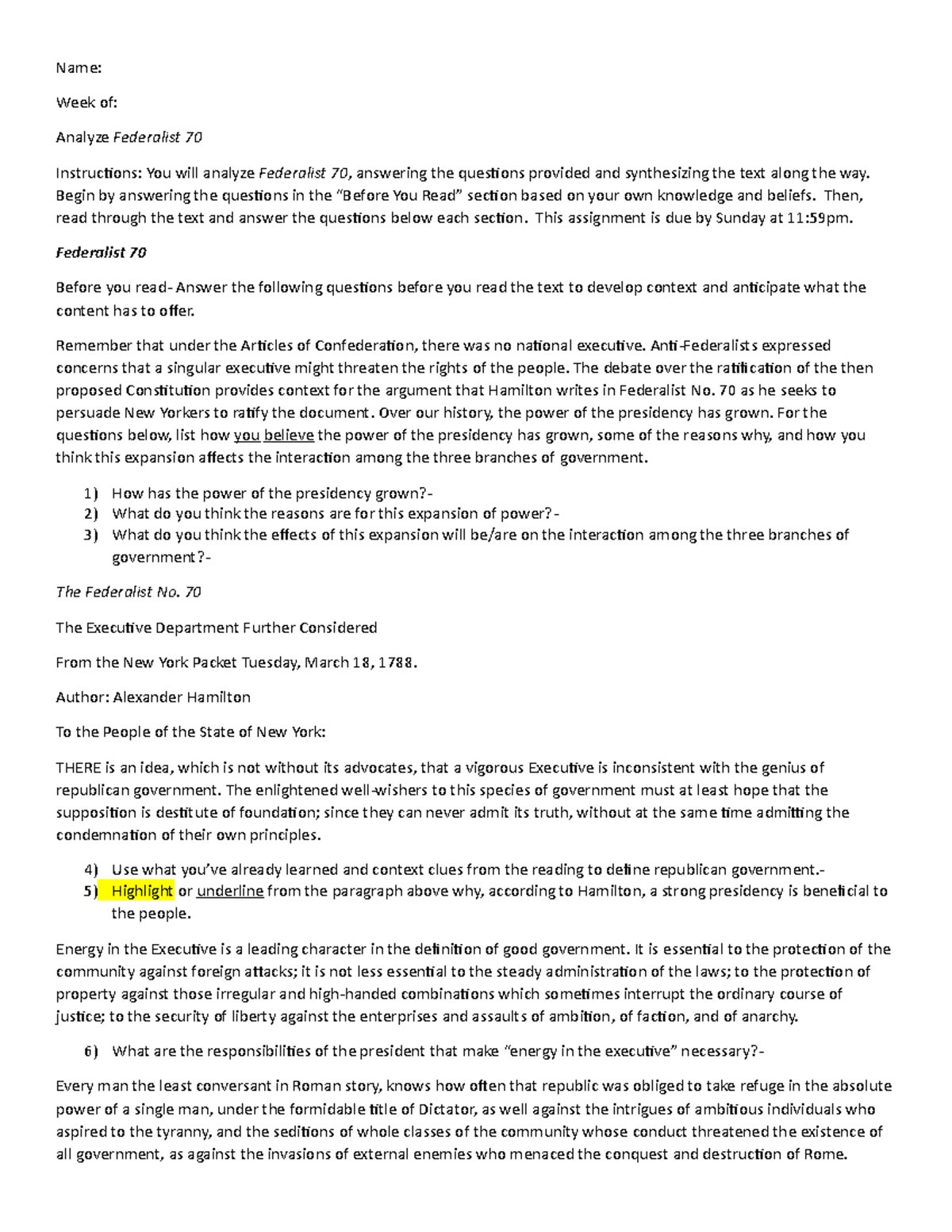 Analyze Federalist 70 - Name: Week of: Analyze Federalist 70 ...
