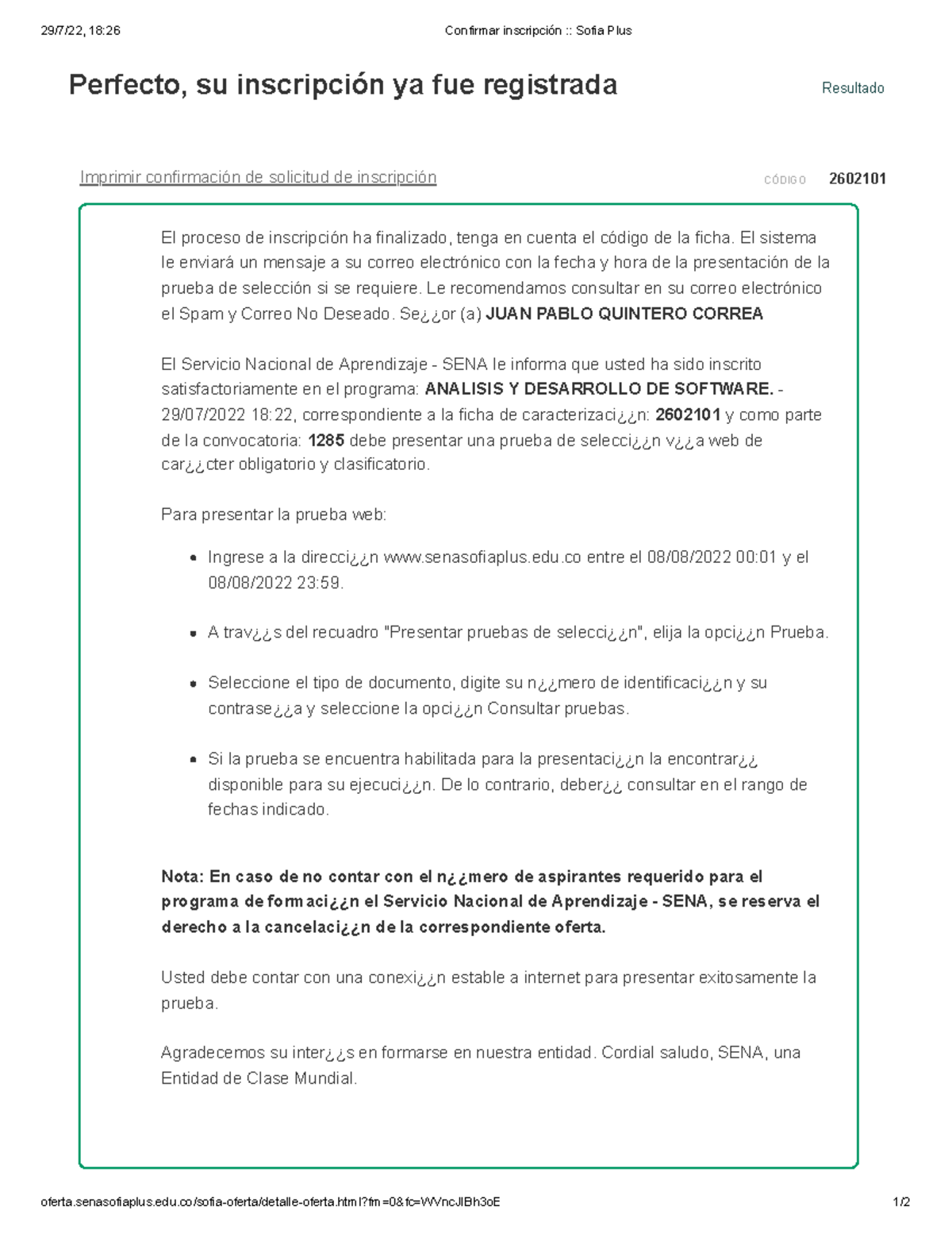 Analisis Y Desarrollo DE Software. Sofia Plus - 29/7/22, 18:26 Confirmar inscripción :: Sofia ...