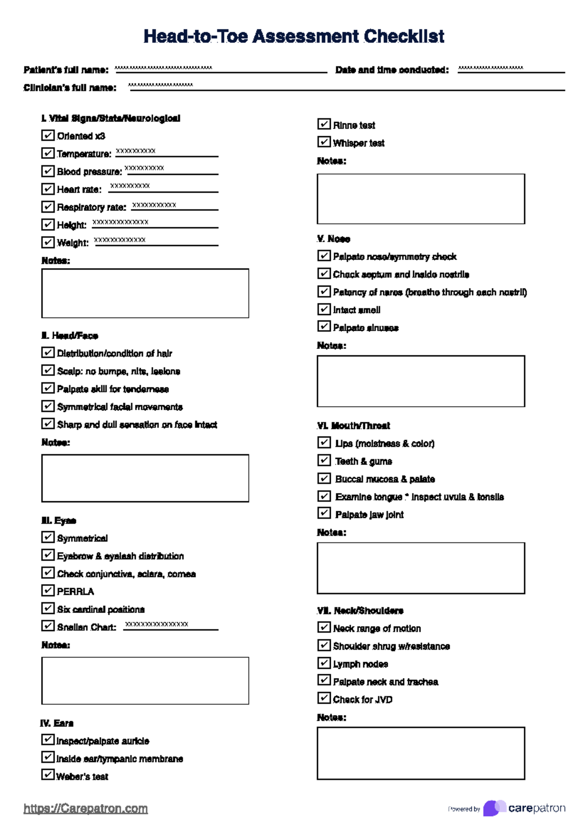 Head to toe Assessment - Head-to-Toe Assessment Checklist Patient’s full name: Date and time ...