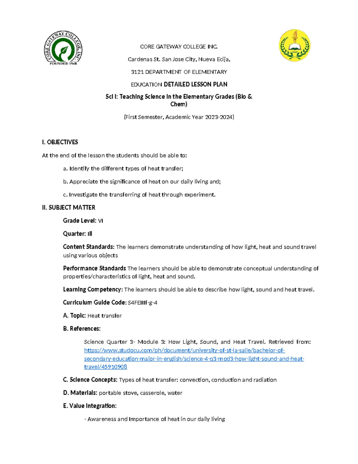 Dlp in science final take3 - CORE GATEWAY COLLEGE INC. Cardenas St. San ...