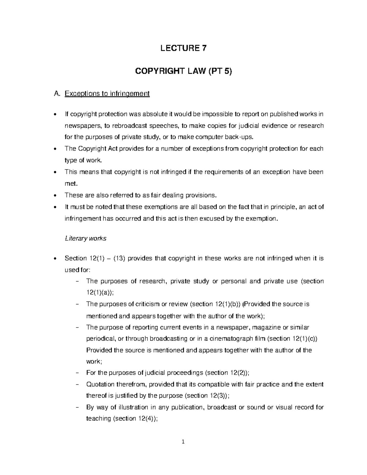 Lecture 7 - Copyright LAW PT 5 - LECTURE 7 COPYRIGHT LAW (PT 5) A ...