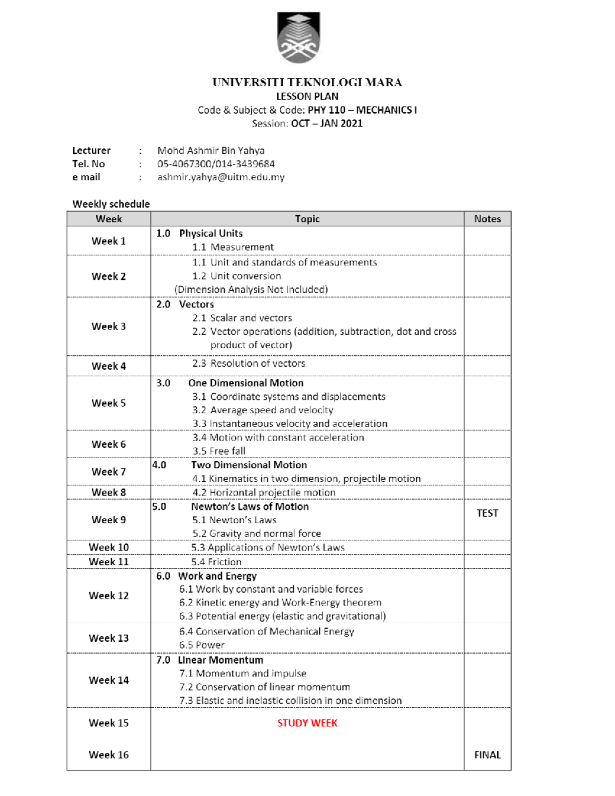 Lesson PLAN SEM 1 (october 2020-may 2020) - Mechanics 1 - Studocu