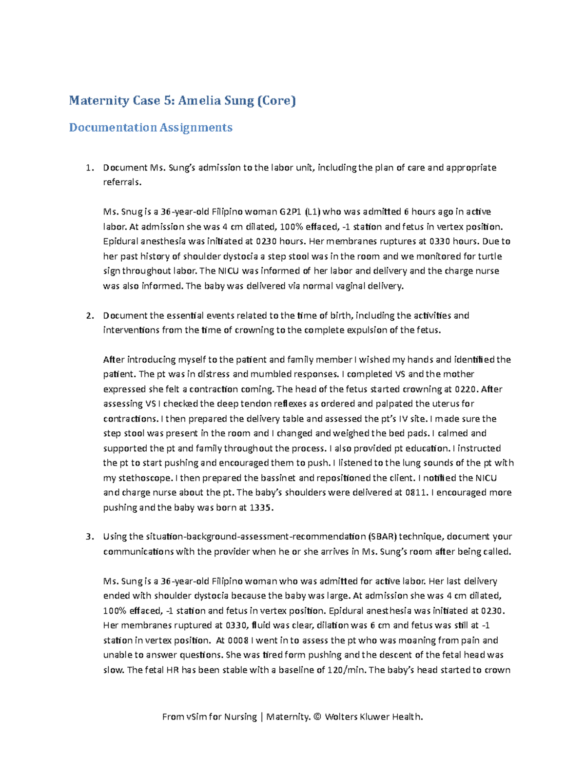 Amelia sung documentation assignment - Maternity Case 5: Amelia Sung ...