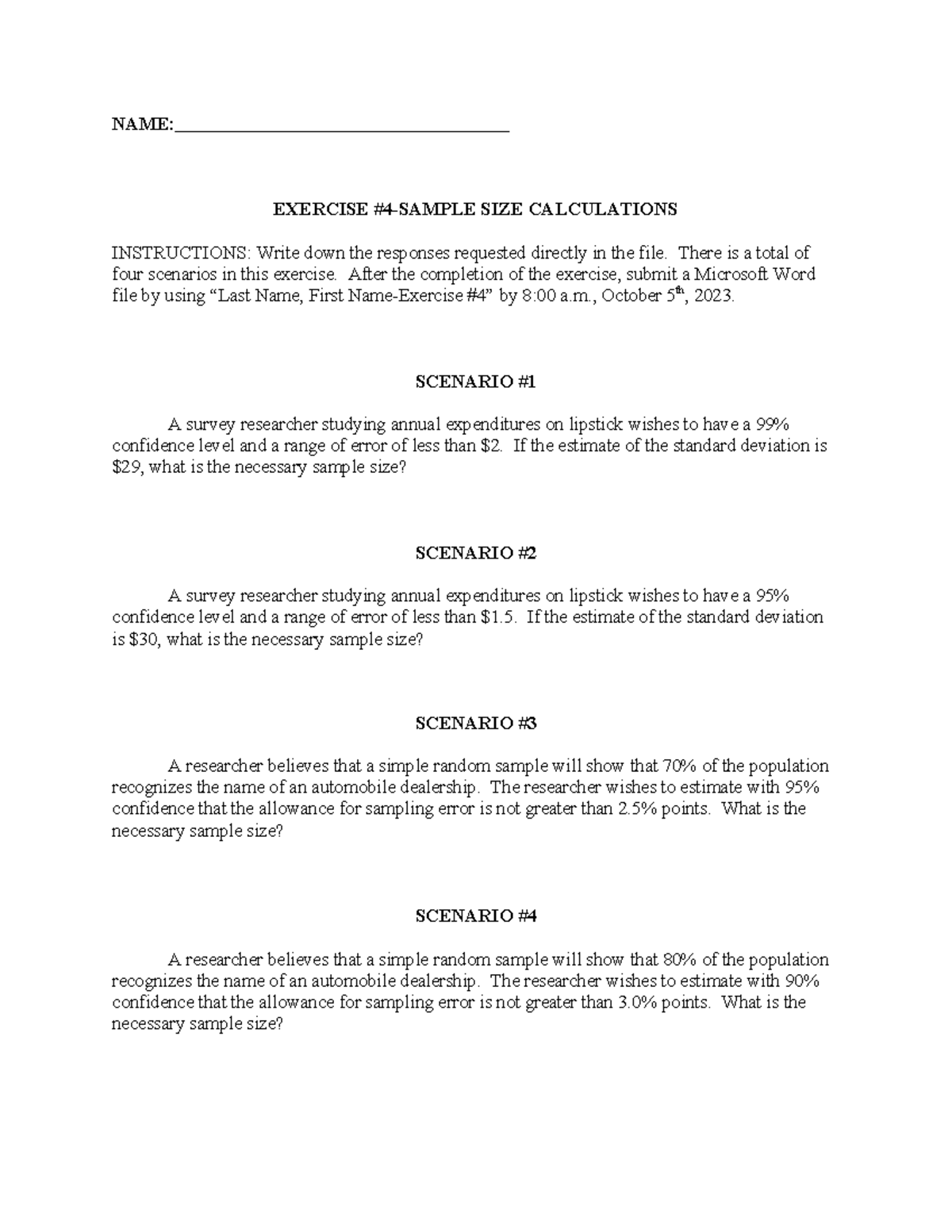 Exercise #4-Sample Size Calculations-0 - NAME: EXERCISE #4-SAMPLE SIZE ...