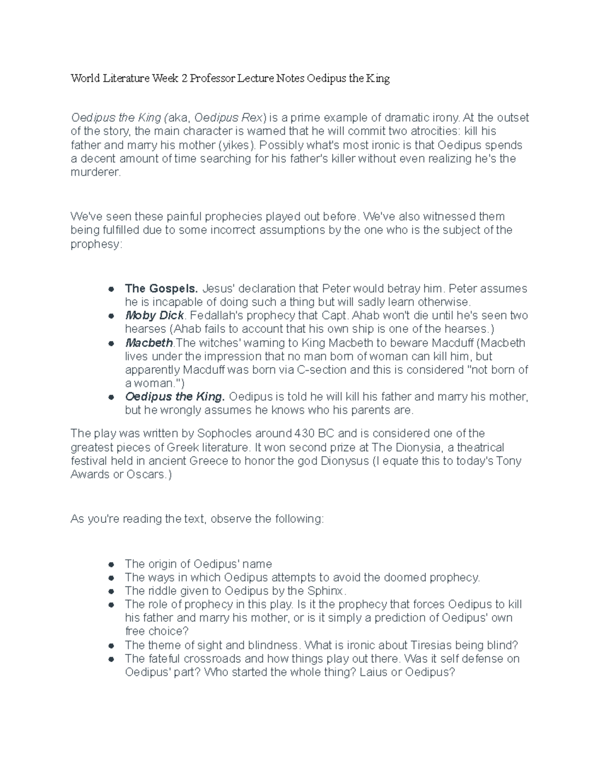 World Masterpieces Week Two Professor Lecture Notes - World Literature ...