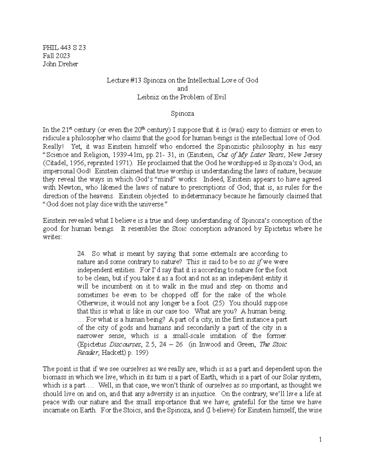 PHIL 442 S 23 Lecture #13 Spinoza on the Intellectual Love of God - PHIL 443 S 23 Fall 2023 John ...