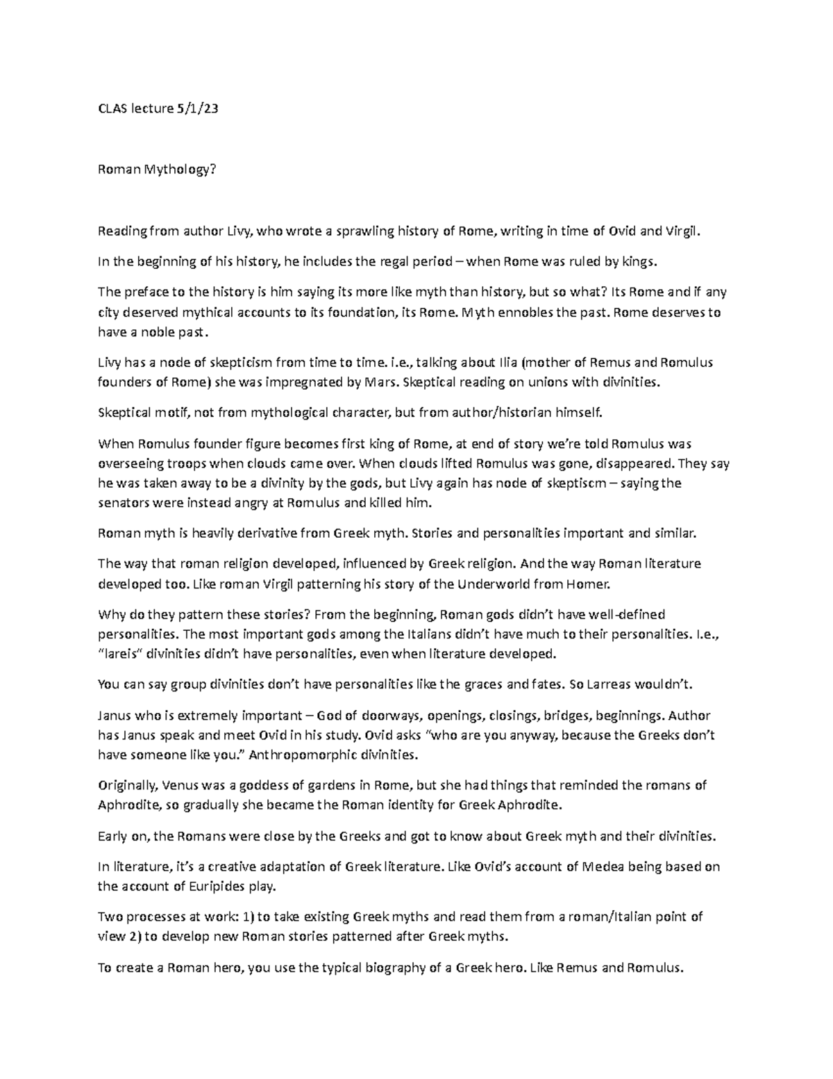CLAS lecture 5 - Roman Myth - CLAS lecture 5/1/ Roman Mythology ...
