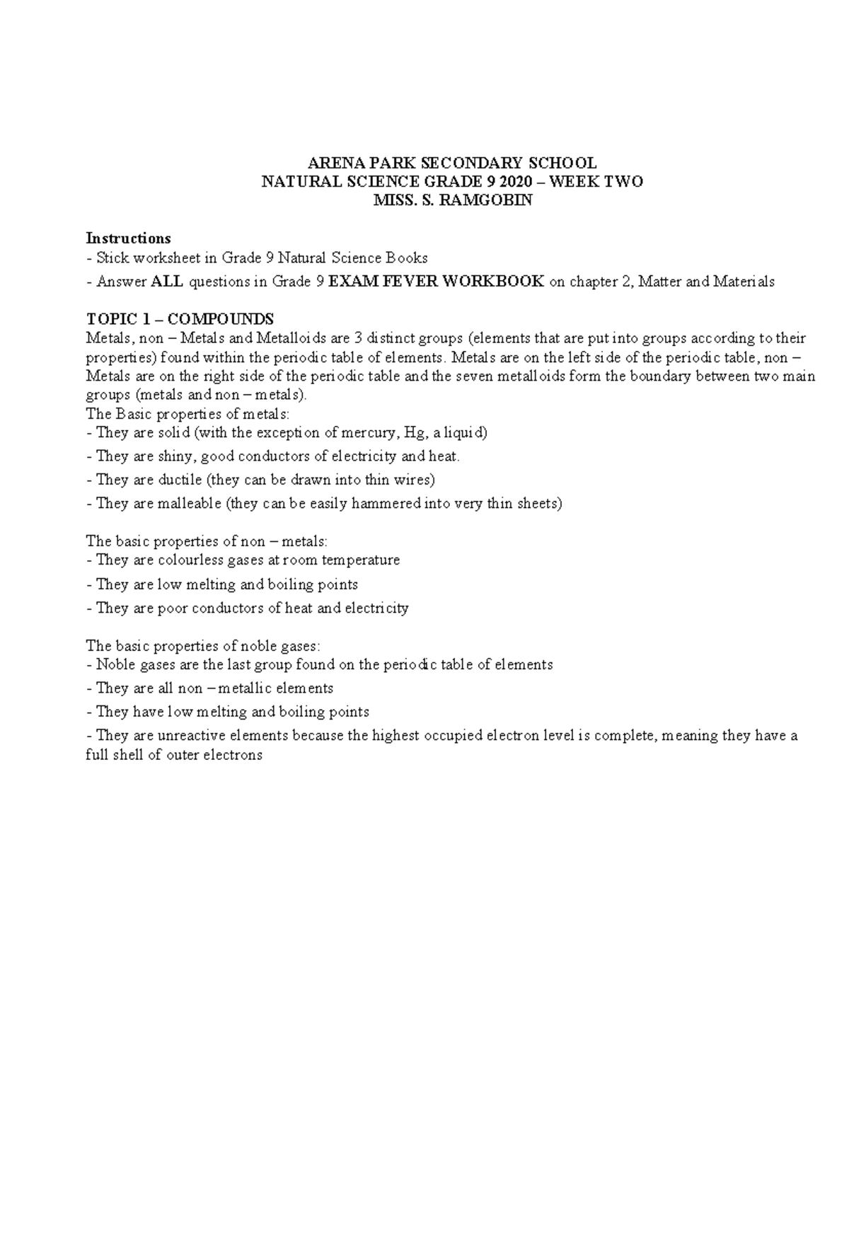 Natural Science Grade 9 Compounds - ARENA PARK SECONDARY SCHOOL NATURAL ...