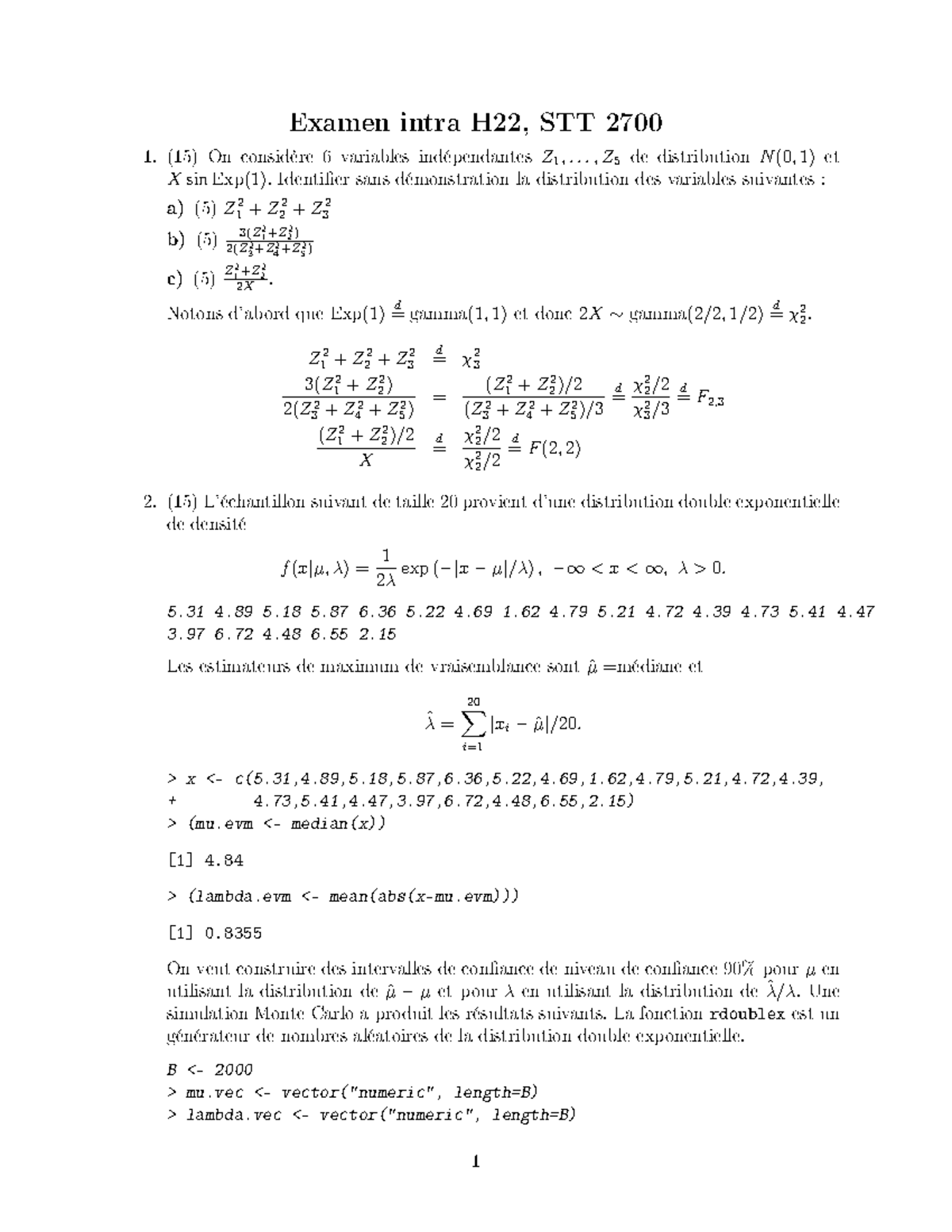 Sol H22 intra - exam - Examen intra H22, STT 2700 (15) On considère 6 ...