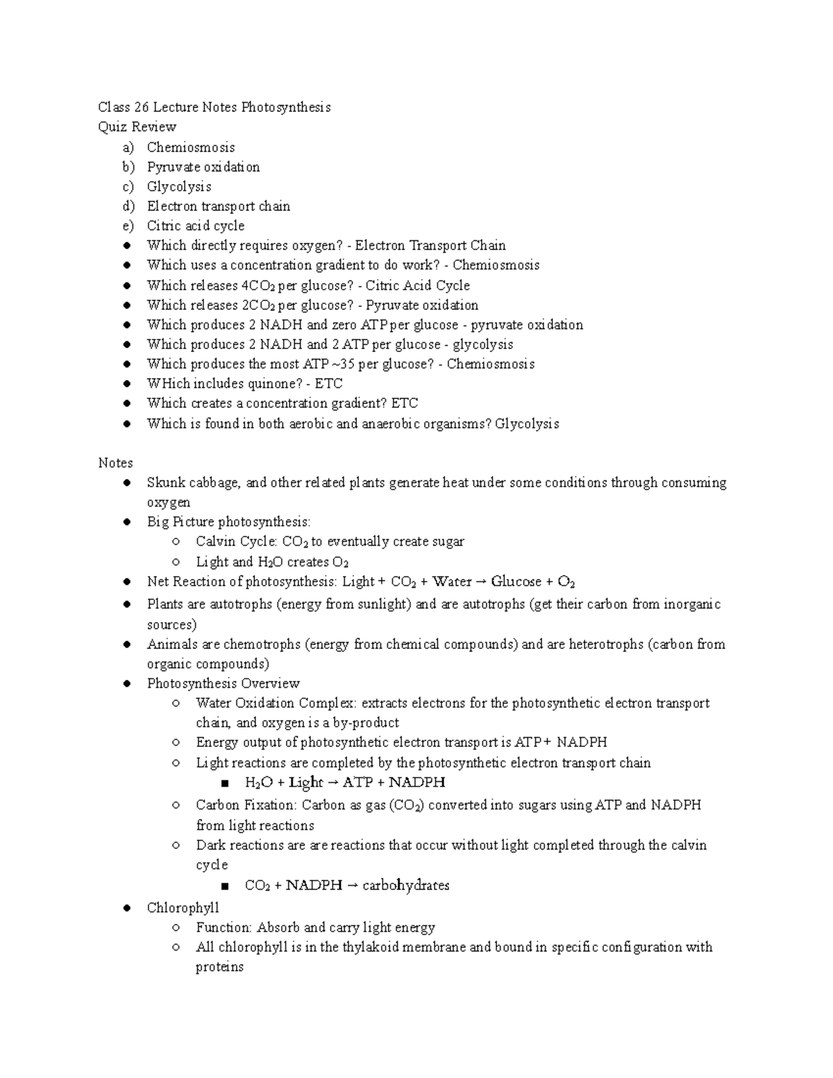 Class 26 Lecture Notes Photosynthesis - Class 26 Lecture Notes ...